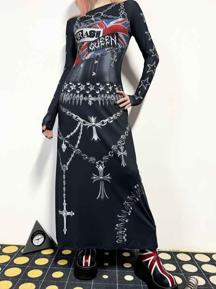 Punk Cross & Chain Motif Print Long Sleeve Dress【s0000011779 ...