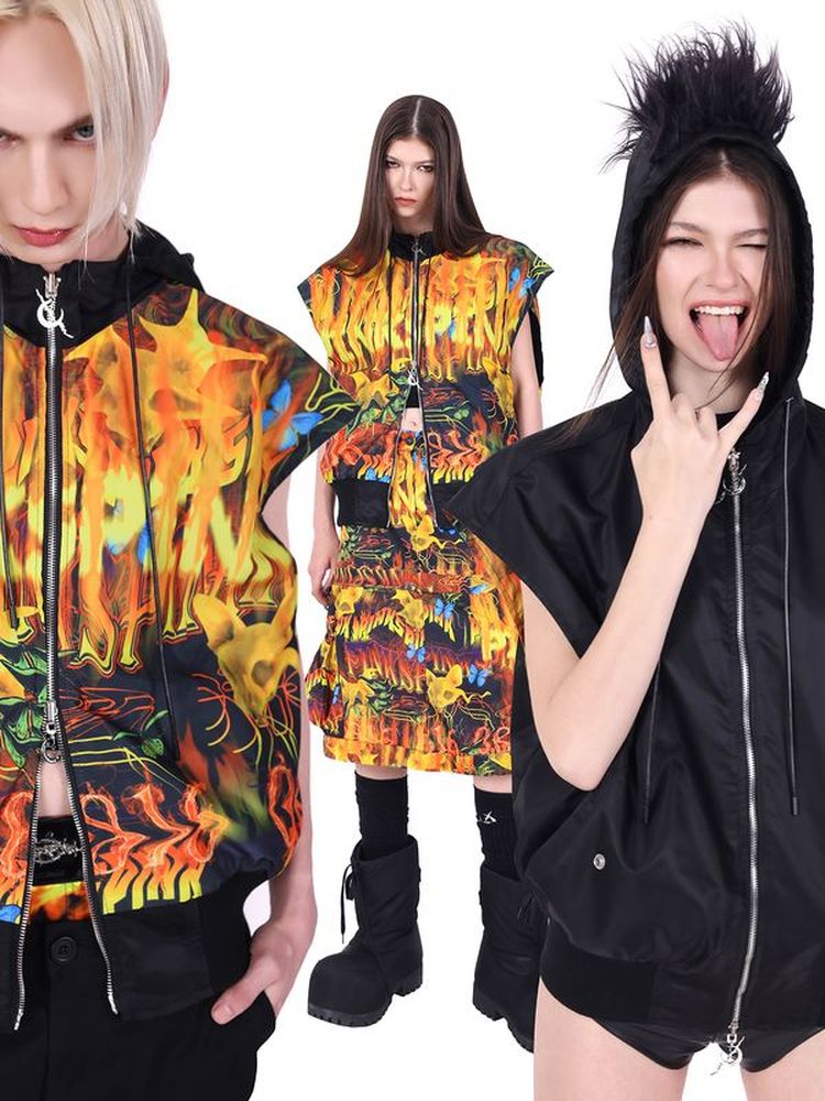 Flaming Cat Rock Punk Genderless Sleeveless Jacket【s0000009397 ...