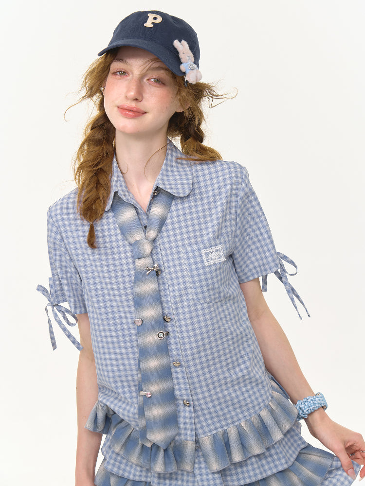 Ruffle Hem Plaid Tie Doll Collar Short Sleeve Shirt【s0000013022 ...